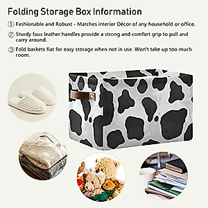 Foldable Storage Basket Cow Pattern Fabric Collapsible Organizer Basket with PU Handles, Decorative Baskets for Shelves Home Closet Bedroom Living Room - 1 Pack
