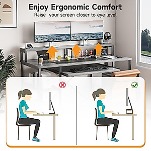 VERMESS Computer Desk- 48 Inch Home Office Desk with Keyboard Tray, 47" Gaming Desk with Full Monitor Stand & Storage Shelves & CPU Stand, Modern Study Writing Table with Shelf for Storage, Gray Oak