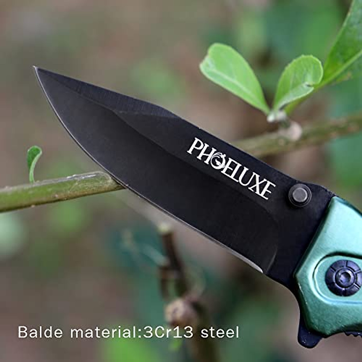 PHOELUXE Pocket Folding Knife –EDC Knife,Tactical Knife,Hunting Knife.Green Aluminum Handle 3Cr13Mov Blade.Thumb stud Assisted Opening Knifes with Liner Lock,Rope Cutter,Glass Breaker and Pocketclip.Good for Camping,Hiking,Indoor and Outdoor.