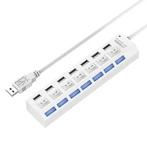 Lysee Data Cables - 7 Ports Micro Hub USB Splitter High Speed USB Hub 2.0 480Mbps On Off Switch USB Splitter Adapter For PC Laptop Computer USB Hub - (Color: White)