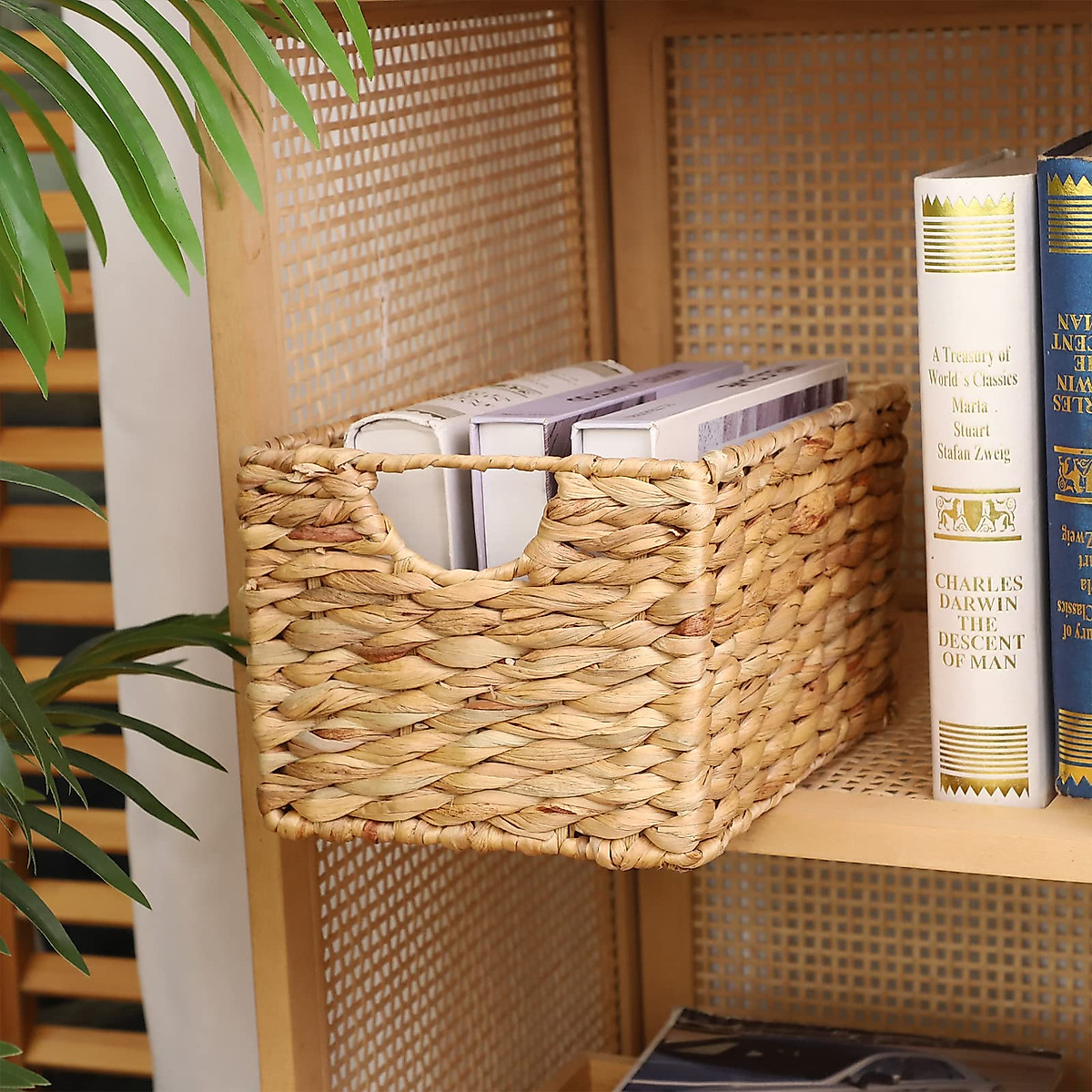 YRMT Water Hyacinth Basket Wicker Storage Baskets for Organizing Small Woven Shelf Organizer with Handles Decorative Pantry Shelf Basket 11.8" x 7.9" x 6.3"