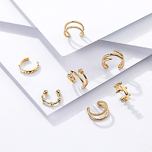 Sloong 10pcs Sparkling Ear Cuff pack Gold Dainty Helix Earrings Huggie Stud Cuff Earrings for women Earring Set | Clip On Cartilage non pierced