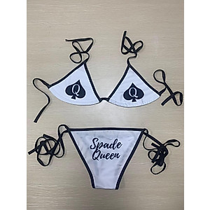 BBC Queen of Spades QOS Bikini (Adjustbale Top,Bottom) Set Micro String Thongs Women Swimsuit Free Size Hardcore Words Phrases (White)