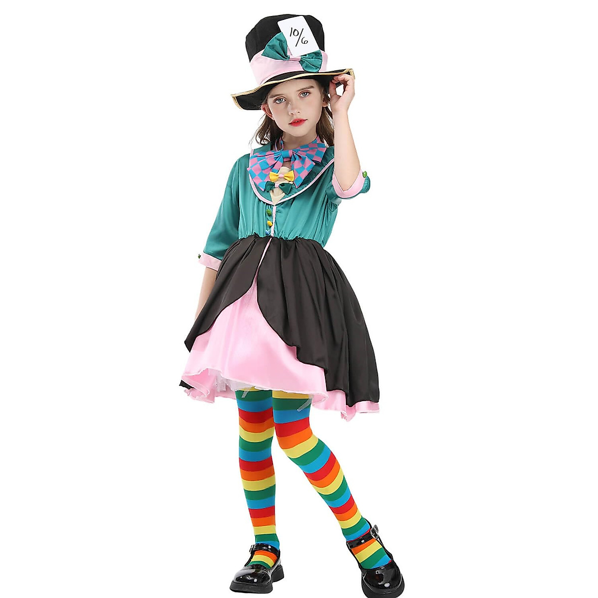 Nuoqi Girls Mad Hatter Costume Mad Hatter Tea Party Costume Halloween Dress with Hat M