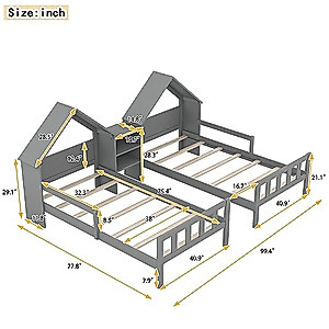 SIYSNKSI Twin Size Platform Bed with House-Shaped Headboard, Wood Platform Bed Frame with a Built-in Nightstand, Shared Double Twin Beds for Kids Teens Adults Boys Girls Bedroom (Grey 03)