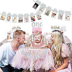 Silver 1st Birthday Baby Photo Banner for Newborn to 12 Months And Alphabet ONE Bunting, Alphabet ONE Cake Topper for Baby Show First Birthday Party Decoration