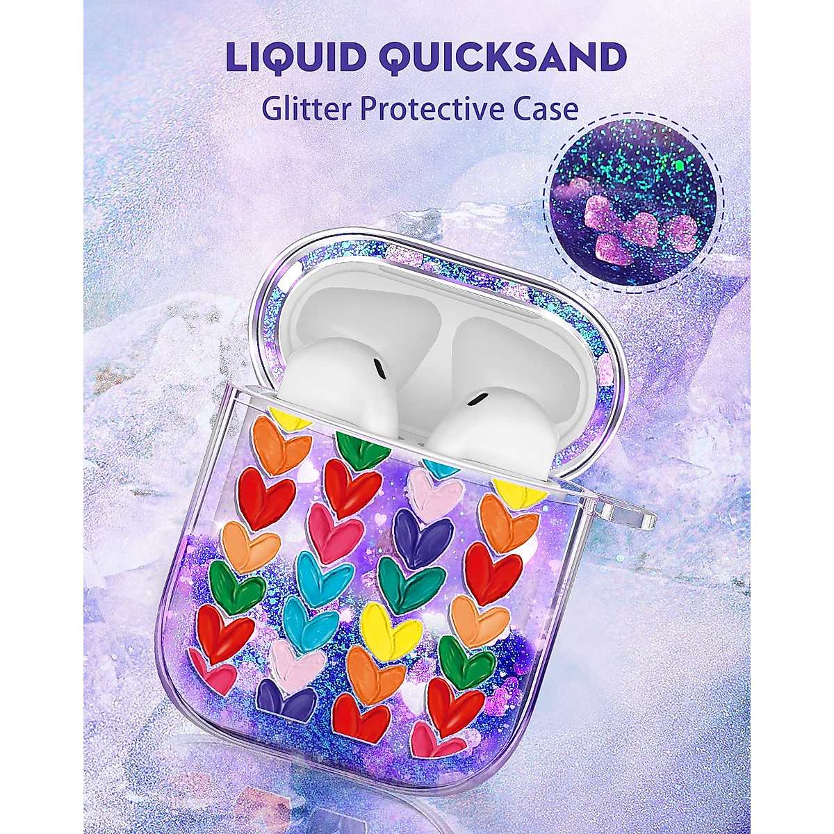 Kokaaee for Airpod Case 2nd & 1st Generation Cover Kawaii Funda Cute Aesthetic Girl Women Protector Liquid Glitter Bling Sparkly Heart Design Estuche Keychain Y2K Girly for Apple Air Pod 1/2 Gen