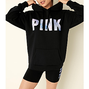 Victoria's Secret Women's PINK Logo Campus Hoodie Sweatshirt, Black Multi, (M)