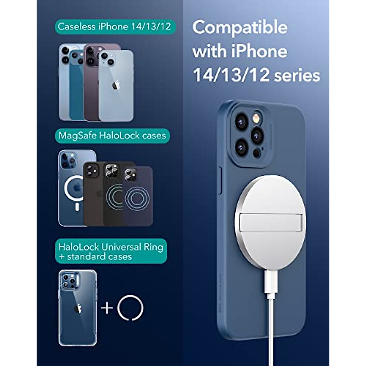 ESR HaloLock Kickstand Wireless Charger, MagSafe-Compatible Charger for iPhone 14/14 Plus/14 Pro/14 Pro Max and iPhone 13/12 Series, with 5 ft USB-C Removable Cable and 20W USB-C PD Adapter, White