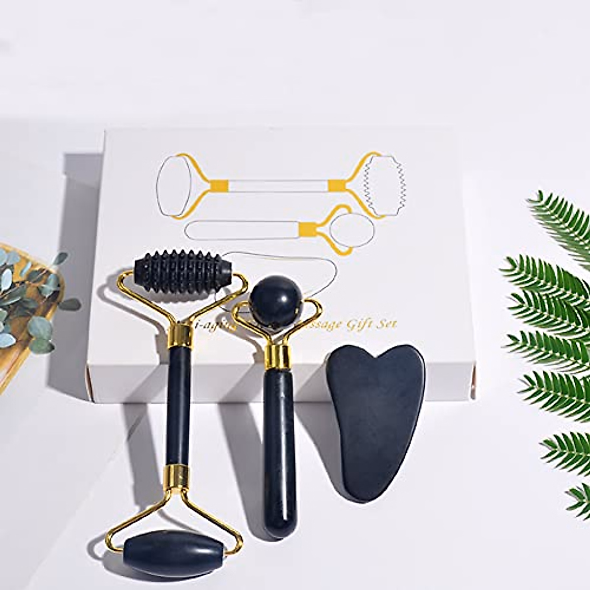 NuAngela Jade Roller 100% Real Jade Gua Sha Tool, Facial Eyes Treatment Pens And Rollers, Face Body Massage Board, Anti Aging Skin Care Tools For Women and Men, Beauty Ice Massager For Muscle, Neck, Arm (Massage Set Black)