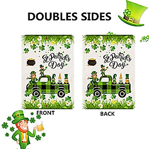 St Patrick's Day Garden Flags, 12.5 x 18 Inch Gnomes Green Buffalo Plaid Truck Garden Flag Vertical Double Sized Spring Holiday Burlap Flag for House Yard Outdoor Decor