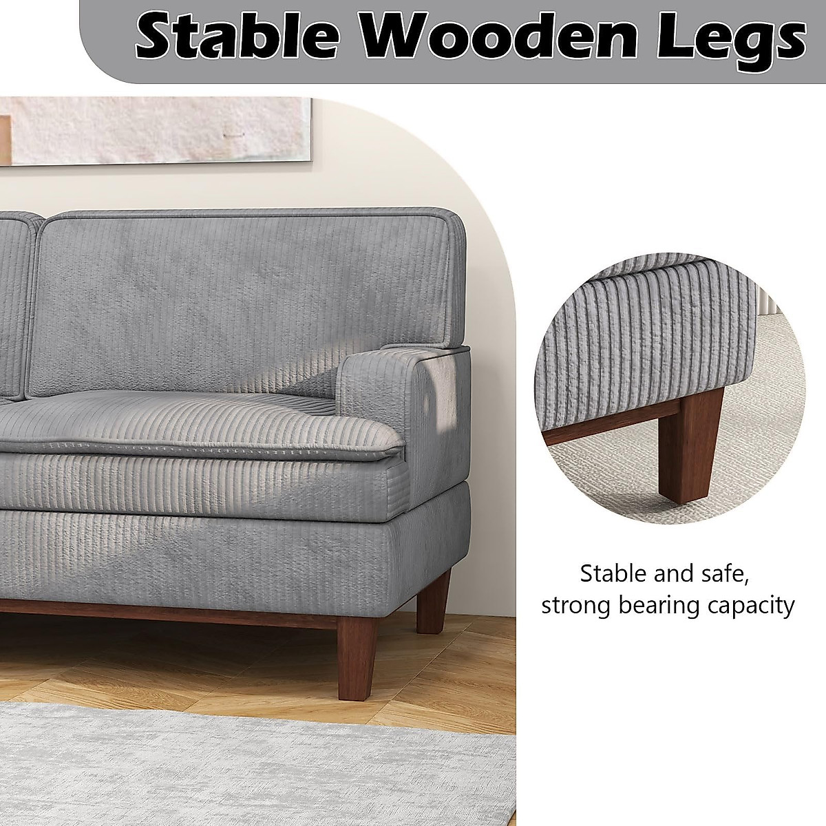 EBELLO 75” Soft Luxury Corduroy Fabric Sofa, Small 3 Seat Sofa for Living Room with Padded Seat, Overstuffed Backrest, Solid Wood Frame Small Sofa for Small Space, Apartment, Grey
