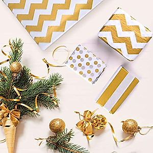 MIAHART 100 Pcs Gold White Tissue Paper Bulk 3 Style Decorative Metallic Wrapping Paper for Gift Bags Birthday Christmas Party Decoration, DIY Arts Crafts Gold Dot Wave Design Patterned(100 Sheet)