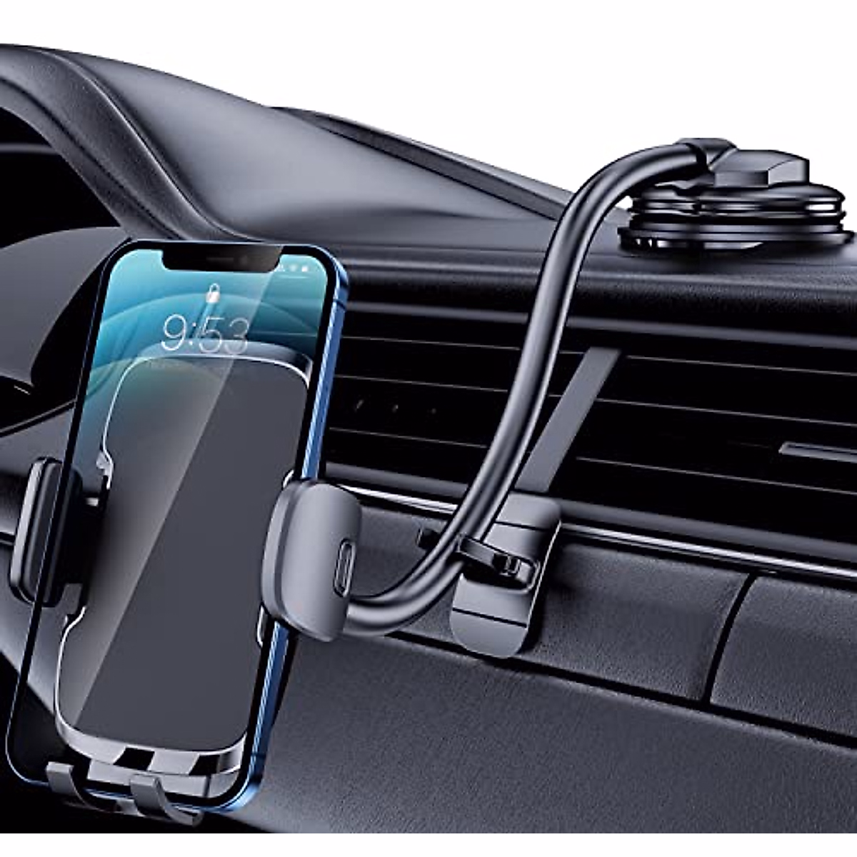 TICILFO Car Phone Holder Mount [Flexible Gooseneck Long Arm] Phone Mount for Car Holder Dashboard Windshield [Washable Strong Suction Cup] Cell Phone Holder Car Mount (Black) (Black)