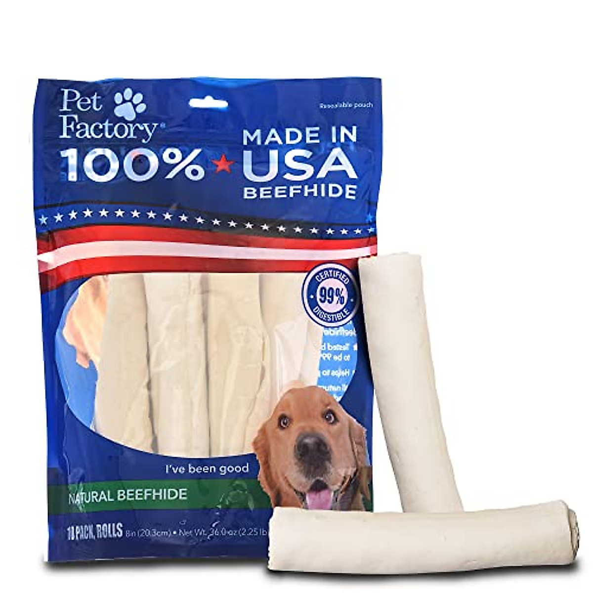 Pet Factory 100% Made in USA Beefhide 8" Rolls Dog Chew Treats - Natural Flavor, 10 Count/1 Pack