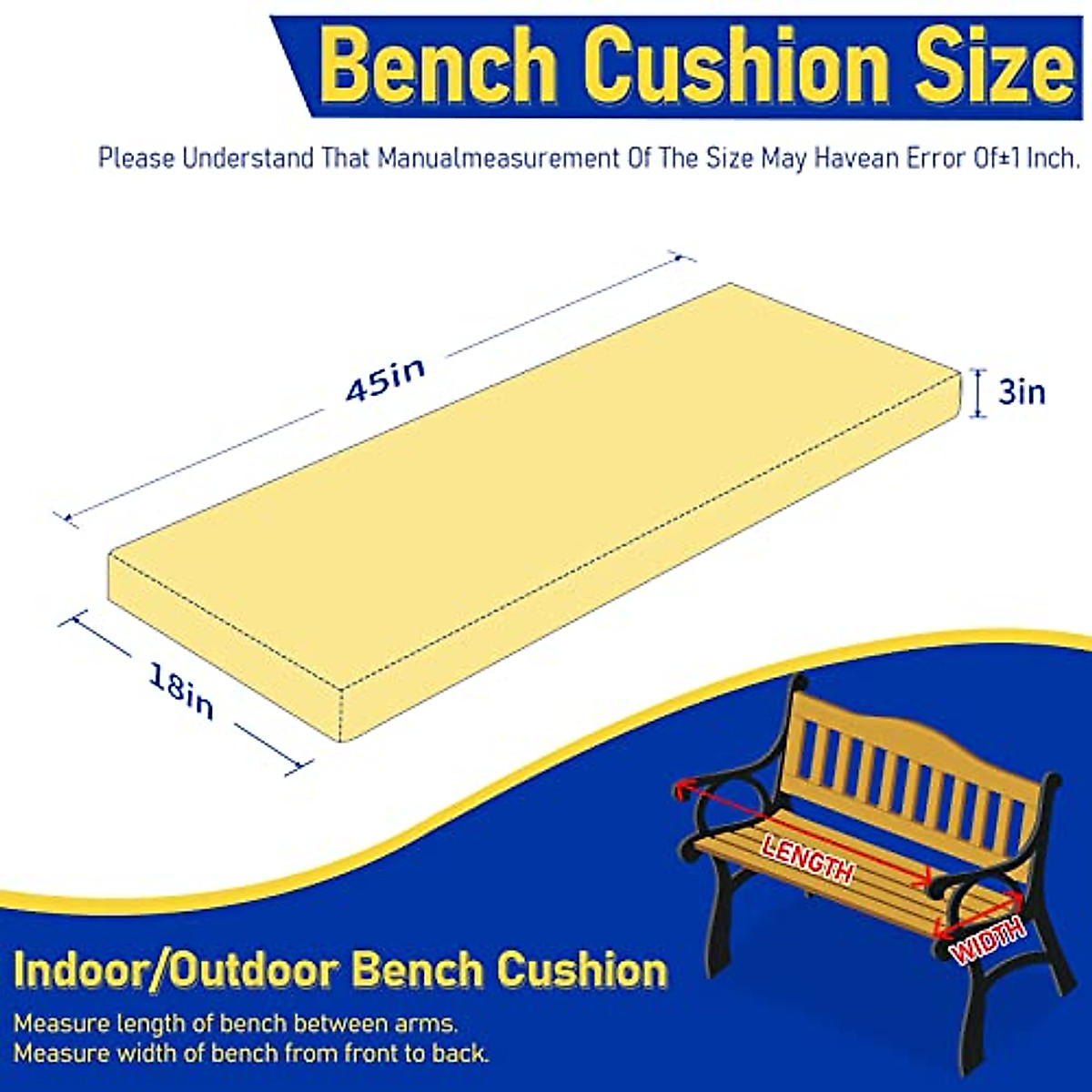 ROFIELTY Bench Cushion 45 inch, Soft Comfortable Window Seat Cushions, Bench Cushions for Indoor Furniture, Durable Stain Resistant Outdoor/Indoor Bench Seat Cushion (45x18x3, Ink Blue)