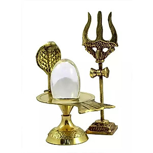 Crystal Shaligram Shiva Ling Lingam Statue with Brass Plate Stand 8 Cm Decorative Pooja Shivling Healing Trishul (Golden) 10 Cm