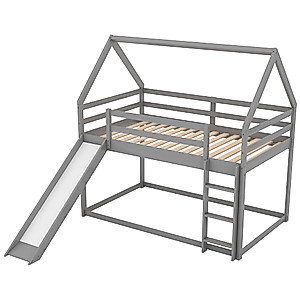 Harper & Bright Designs Twin Bunk Beds for Kids,Wood House Bunk Bed Twin Over Twin,Kids Bunk Bed with Slide and Roof for Girls Boys,Grey