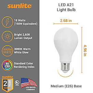 Sunlite LED A21 Light Bulb, 18 Watts (150W Equivalent), 2600 Lumens, 120V, Dimmable, Medium E26 Base, 220 Degree Beam Angle, UL Listed, RoHS Compliant, 3000K Warm White, 1 Pack