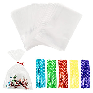 Newkita 6x9 Cellophane Goodie Bags, Clear Treat bags with 4’’ Ties for Cookies Candy Rice Crispy Cakepop Goodie Christmas Thanksgiving Halloween Party Favor Gift Bags, 100Pack