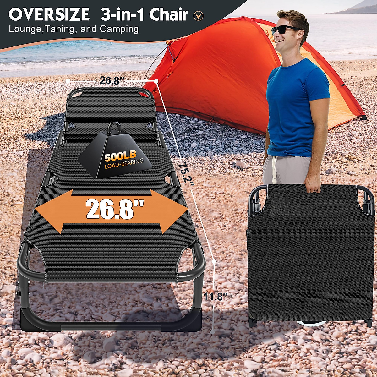 MOPHOTO Folding Chaise Lounge Chair 5-Position, Folding Cot, Heavy Duty Patio Chaise Lounges for Outside, Poolside, Beach, Lawn, Camping (Lounge Cot, Breezy Oceanic)