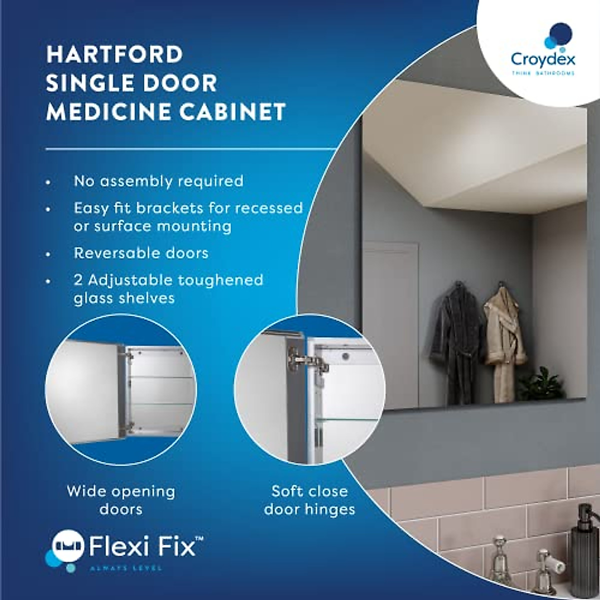 Croydex Hartford Single Door, Recessed or Surface Mount, Hang 'n' Lock Easy Installation Medicine Cabinet, 20W x 26H, Aluminum