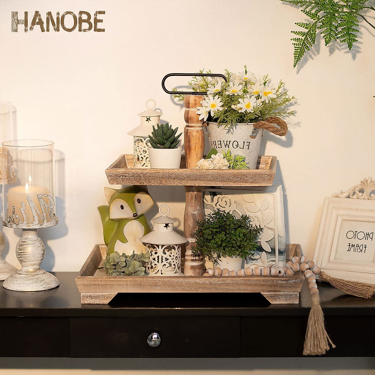 Hanobe Tiered Tray for Table Decor: 2 Tier Easter Serving Stand Farmhouse Decorative Tray for Coffee Bar Centerpiece Rectangle Wood Display Stands Kitchen Counter (Brown)