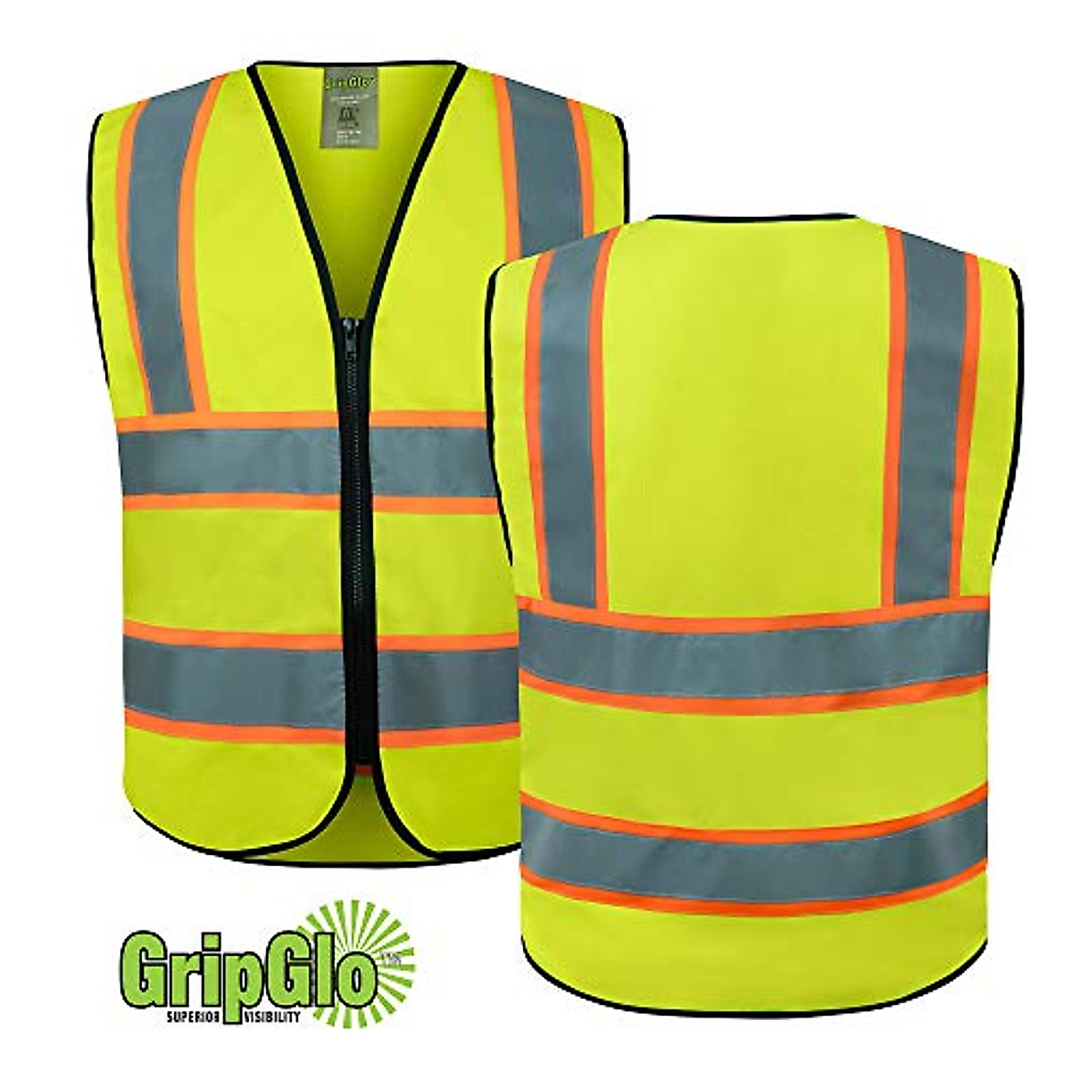 GripGlo Reflective Safety Vest, Bright Neon Color with 2 Inch Reflective Strips - Orange Trim - Zipper Front, Medium, X-Large
