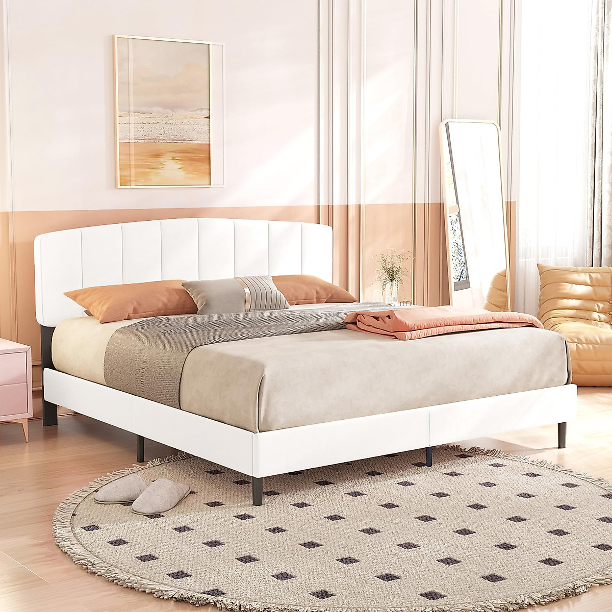 alazyhome Upholstered King Size White Platform Bed Frame with Velvet Upholstered Headboard Wooden Slats Support No Box Spring Needed Easy Assembly