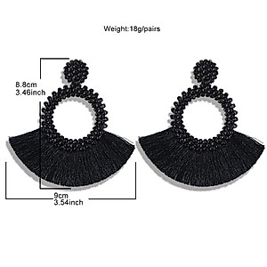 D.Rosse Handmade Bohemian Tassel Crystal Statement Drop Dangle Earrings for Women Hoop Fringe Lightweight Ear Jewelry Summer Accessories (Black)