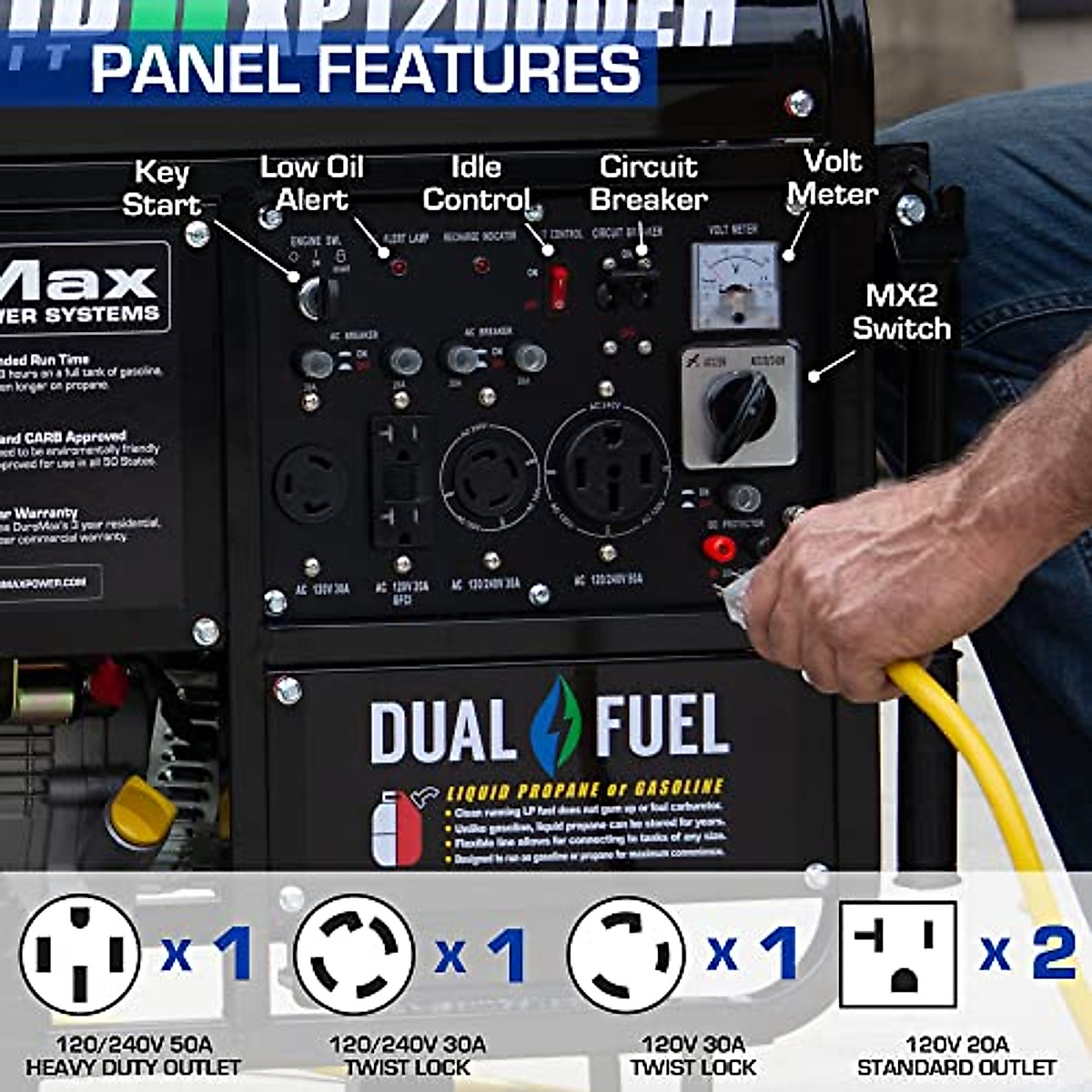 DuroMax XP12000EH Generator-12000 Watt Gas or Propane Powered Home Back Up & RV Ready, 50 State Approved Dual Fuel Electric Start Portable Generator, Black and Blue