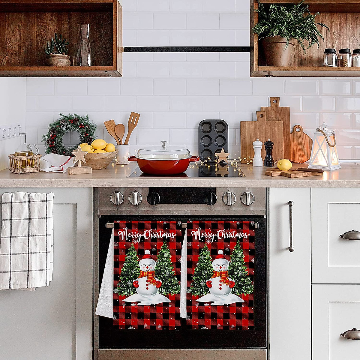 Beisseid Christmas Kitchen Dish Towels Snowman with Xmas Tree Dish Cloth Fingertip Bath Towels Cloth Red Buffalo Plaid Check Hand Drying Soft Cotton Tea Towel Set 18x28in 2PCS