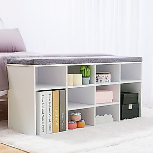 DINZI LVJ Shoe Storage Bench with Cushion, Cubby Shoe Rack with 12 Cubbies, Adjustable Shelves, Multifunctional Shoe Organizer Bench for Entryway, Mudroom, Hallway, Closet and Garage, White