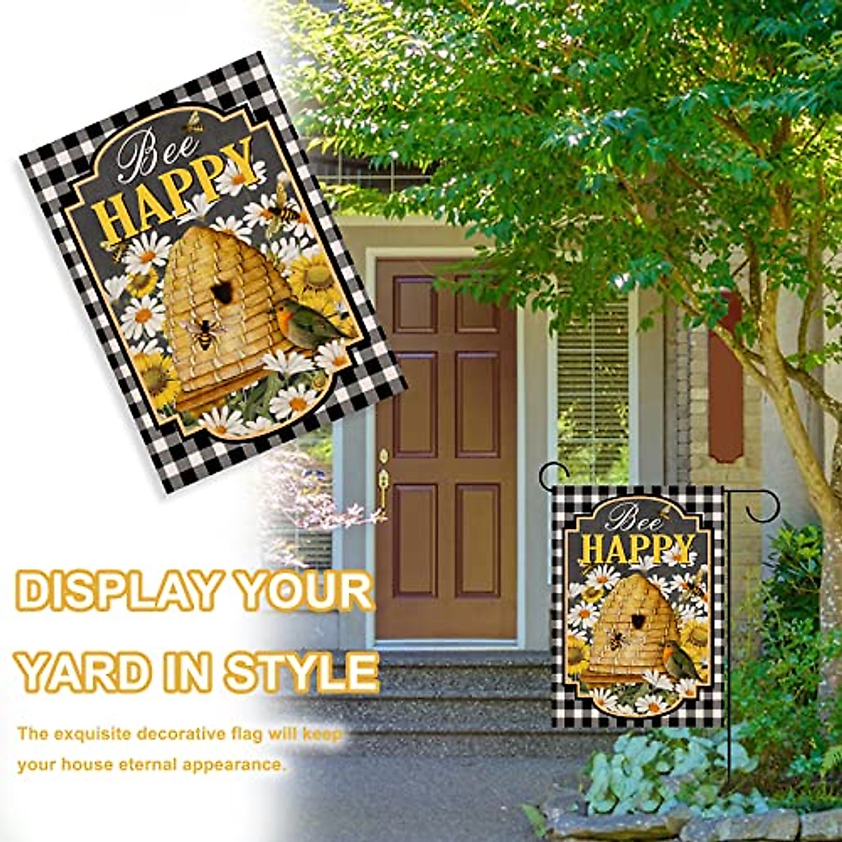 Covido Home Decorative Bee Happy Spring Garden Flag, Daisy Flowers Bird House Yard Buffalo Plaid Check Hive Sunflower Honeycomb Outside Decoration, Summer Farmhouse Outdoor Small Burlap Decor 12 x 18