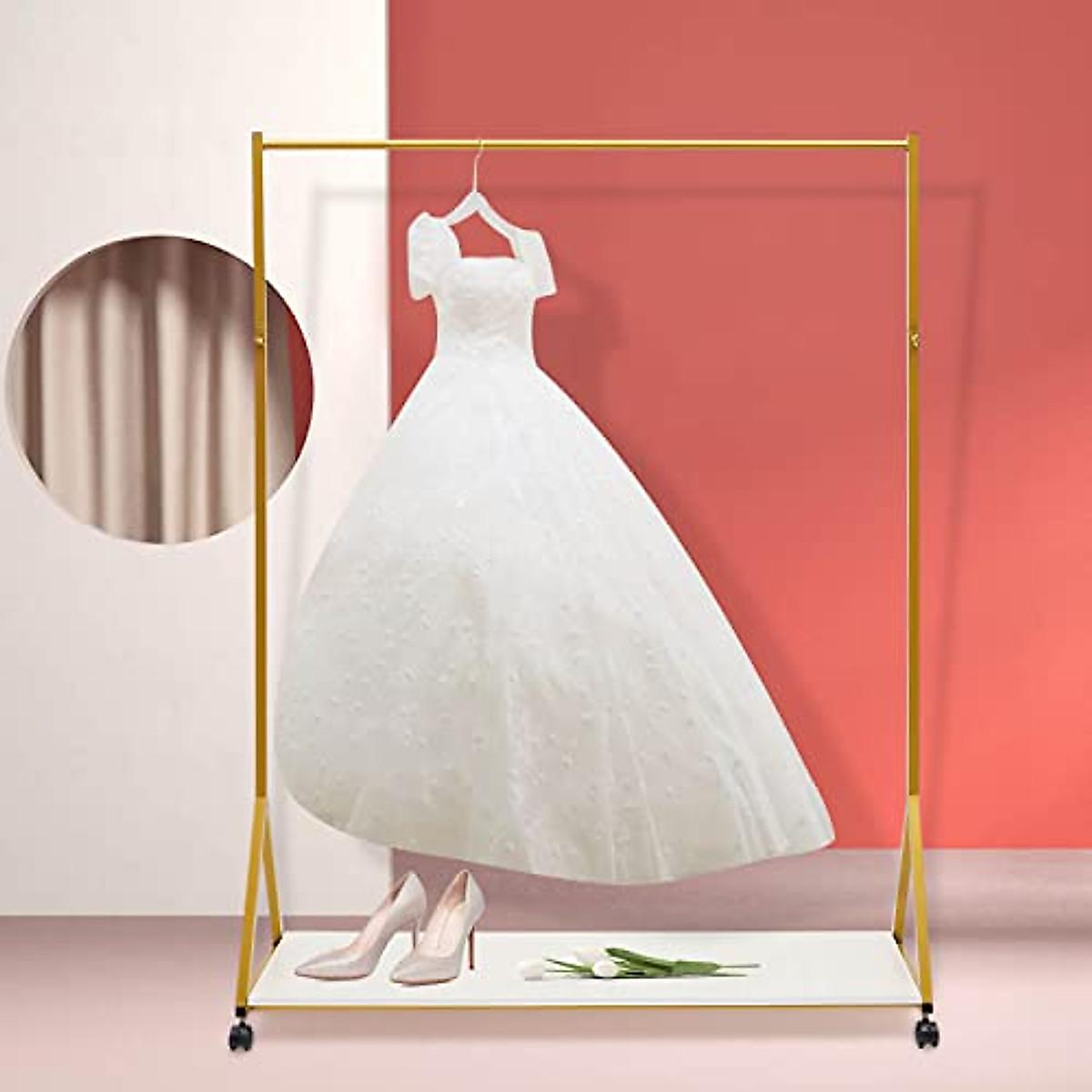 Metal Gold Clothing Rack with Shelves and Universal Wheel,Freestanding Clothing Rack for Hanging Clothes Rack,Heavy Duty Rolling Garment Rack Retail Display for Wedding Dress Bridal Garment Rack Stand