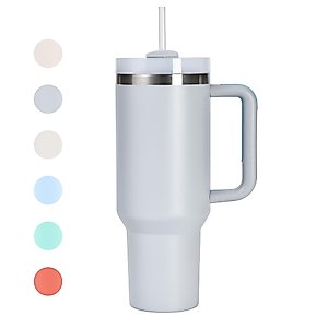 40oz Tumbler with Handle, Straw, Lid, Stainless Steel Vacuum Insulated Water Bottle Adventure Travel Mug Quencher for Iced Coffee, Hot and Cold Tea, Beverage (40oz Light Grey
