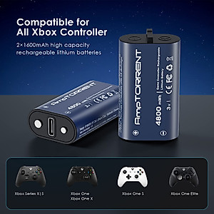 AmpTORRENT Xbox Battery Pack Rechargeable, 2×1600mAh Rechargeable Battery Pack for Xbox, Xbox Rechargeable Battery Pack, 3V Constant Output Lithium Batteries with USB C Charge Cable, 2000 Cycles