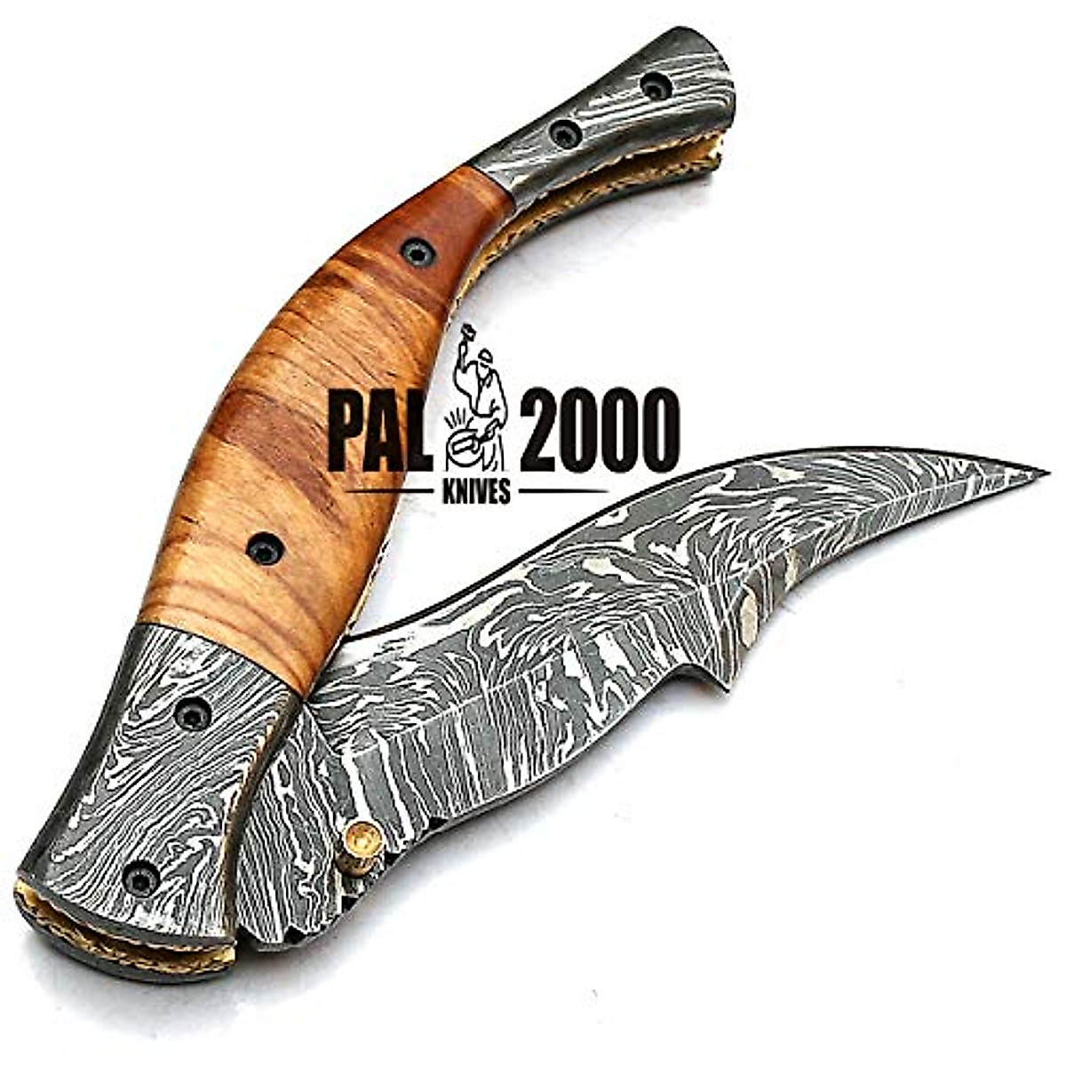 PAL 2000 HUNTING KNIVES FOL-8459 Handmade Damascus Steel Pocket Knife Olive Wood Handle With Sheath