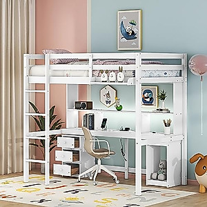 WADRI Twin Size Loft Bed with Multi-Storage Desk, Wood Loft Bed Frame with LED Light and Bedside Tray, Loft Bed with Charging Station for Kids Teens Adult, Space-Saving Design