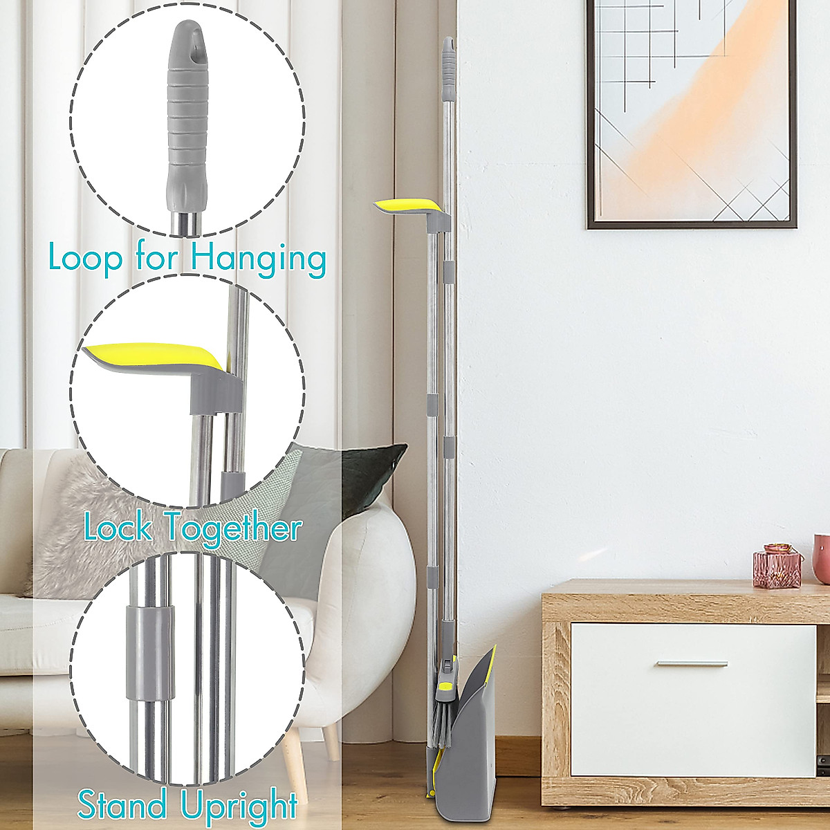 PHYEX 2-Pack Broom and Dustpan Combo Set, 48" Long Adjustable Handle Stand Up Dustpan with Self-Cleaning Teeth, Ideal for Home, Office, Kitchen, Indoor & Outdoor Use, Grey