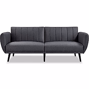 Yaheetech Convertible Sofa Bed with Wooden Legs Polyester Upholstery Futon Ribbed-Tufted 3-Seater Sofa Bed for Limited Space/Small Apartment/Guest Room Gray