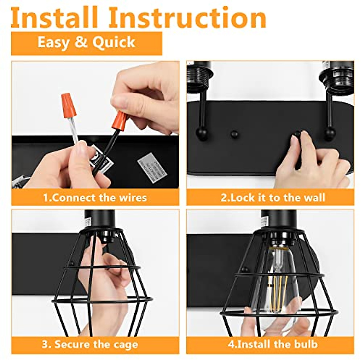 Elibbren Bathroom Vanity Light Fixtures, 2-Light Bathroom Lighting Fixtures Over Mirror with Cage, E26 Base Black Farmhouse Wall Sconces for Bedroom Living Room, UL Listed