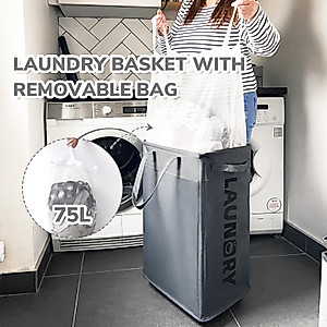 CHICVITA Rolling Laundry Basket with Wheels,75L Large Collapsible Laundry Hamper with Removable Wash Bag Space for Corner Dorms, Grey