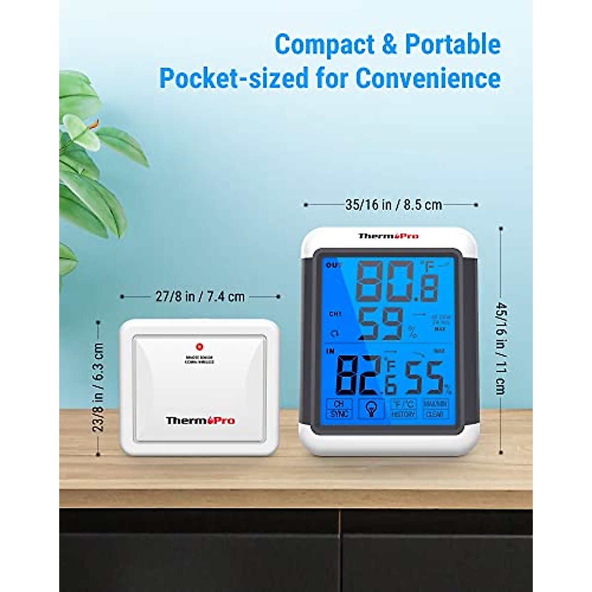 ThermoPro TP65 Indoor Outdoor Thermometer Digital Wireless Hygrometer Temperature Humidity Monitor with Jumbo Touchscreen and Backlight Humidity Gauge,LCD