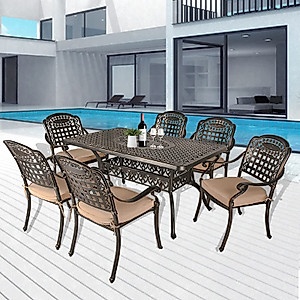 TITIMO 7-Piece Outdoor Furniture Dining Set, All-Weather Cast Aluminum Conversation Set Includes 1 Rectangular Table and 6 Chairs with Khaki Cushions and Umbrella Hole for Patio Garden Deck