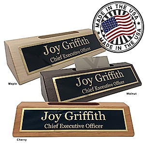 Griffco Supply Desk Name Plate Personalized - Name Plate for Desk with Card Holder - PhD Graduation Gifts Genuine Hardwood Nameplate for Desk - Made in USA Custom Plaque (Walnut)