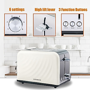 Cotomier Toaster 2 Slice, Retro Cream White Stainless Steel Toaster with Defrost Bagel Cancel Function & 6 Shade Settings (Cream)
