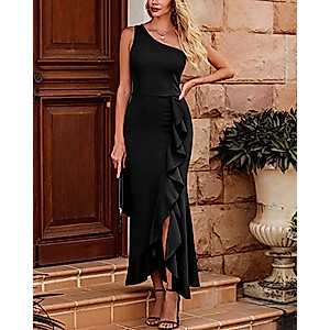 BTFBM Women One Shoulder Dresses Sleeveless Cocktail Bodycon Mermaid Ruffle Side Split Formal Party Long Evening Dress(Solid Black, Large)