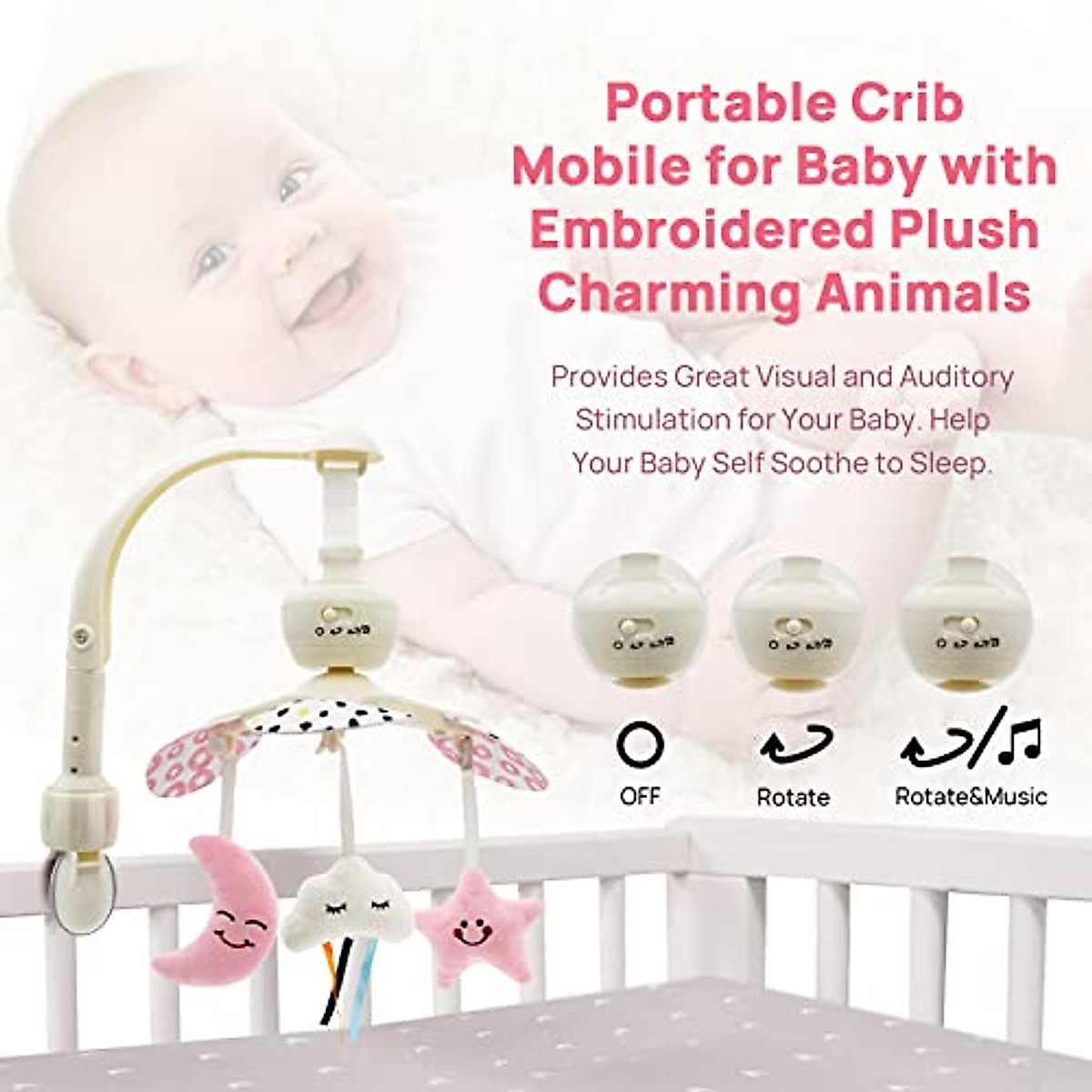 Duomilee Baby Mobile for Crib with Music, Baby Mobiles for Bassinet, Crib Mobile for Girls Length-Adjustable and Rotatable, Nursery Mobiles with Star and Moon for Newborn Aged 0-5 Months(Pink)