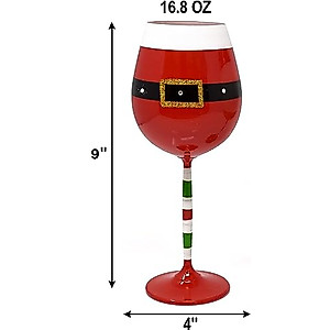 Gift Boutique Christmas Wine Glasses 16.8 Oz Set of 2 Festive Santa Belt and Snowman Drinking Goblets Cups with Stem Xmas Wineglass Gift Red Green and White Colored Painted Winter Glassware